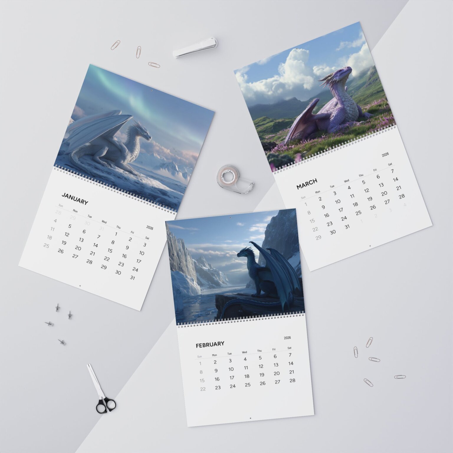 Dragon Art Wall Calendar 2026 - Scenic Fantasy Dragon Monthly Calendar ...